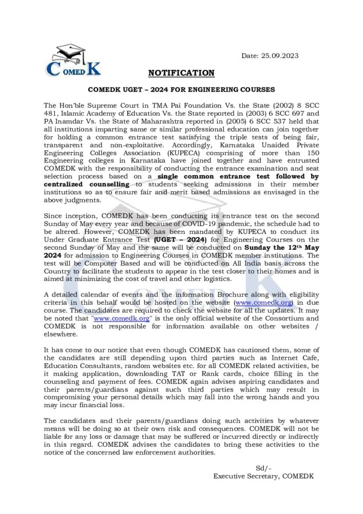 COMEDK UGET 2024 Exam Date Announced