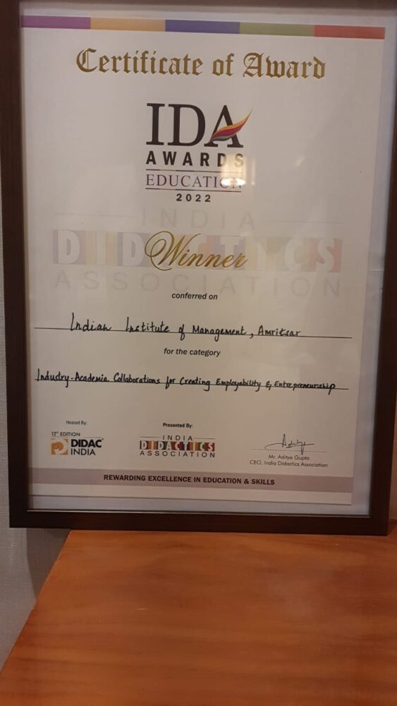 Indian Institute of Management, Amritsar secures IDA Award 2022